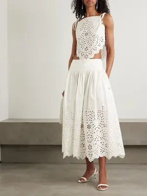 SELF-PORTRAIT Embellished Broderie Anglaise Cotton Midi Skirt - White