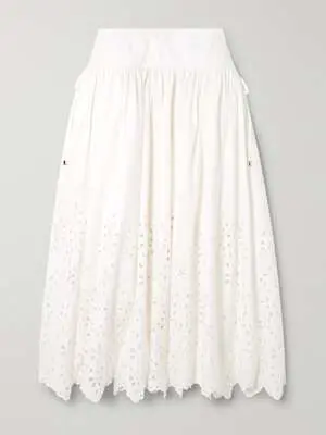 SELF-PORTRAIT Embellished Broderie Anglaise Cotton Midi Skirt - White