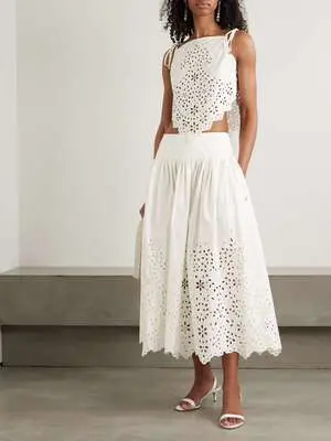 SELF-PORTRAIT Embellished Broderie Anglaise Cotton Midi Skirt - White