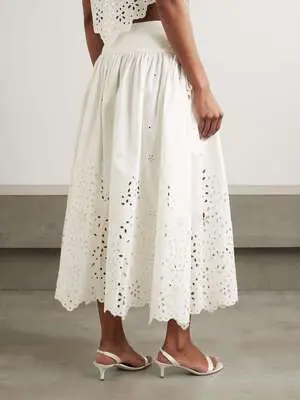 SELF-PORTRAIT Embellished Broderie Anglaise Cotton Midi Skirt - White