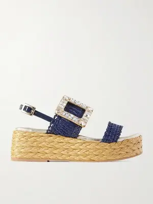 ROGER VIVIER 60 Crystal-embellished Raffia Platform Espadrille Sandals - Blue