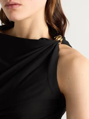 Bottega Veneta Asymmetric Cape-Effect Embellished Draped Jersey Dress -  Black | Editorialist