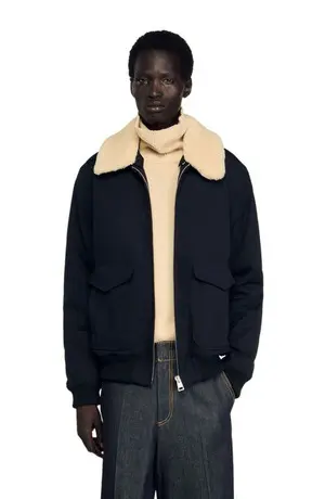 Sandro Shearling Collar Aviator Jacket - Navy Blue