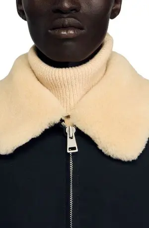 Sandro Shearling Collar Aviator Jacket - Navy Blue