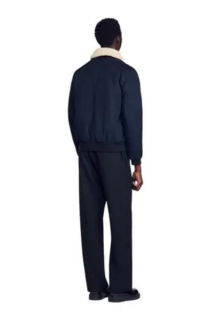 Sandro Shearling Collar Aviator Jacket - Navy Blue