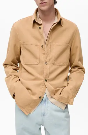 Mango Regular Fit Lyocell & Cotton Button-up Overshirt - Beige