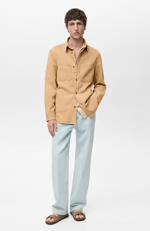 Mango Regular Fit Lyocell & Cotton Button-up Overshirt - Beige
