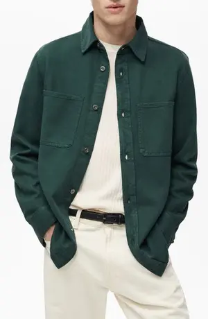 Mango Regular Fit Lyocell & Cotton Button-up Overshirt - Dark Green