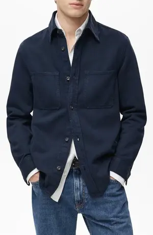Mango Regular Fit Lyocell & Cotton Button-up Overshirt Dark Navy