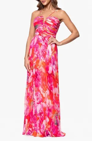 XSCAPE EVENINGS Floral Pleated Chiffon Gown