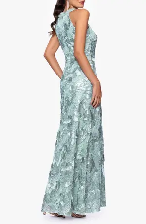 Betsy & Adam Sequin Floral Gown - Sage