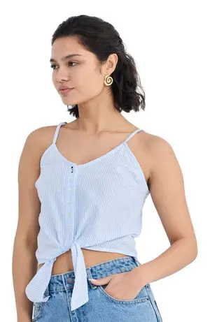 REISTOR Striped Seersucker Camisole With Front Tie Detail - Linear Rhythm