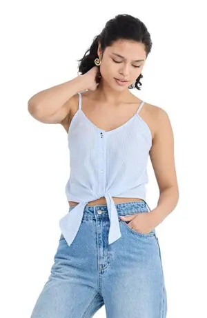 REISTOR Striped Seersucker Camisole With Front Tie Detail - Linear Rhythm