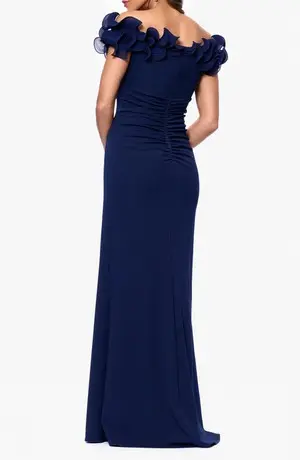 XSCAPE EVENINGS Lace Detail Off-the-shoulder Gown - Navy