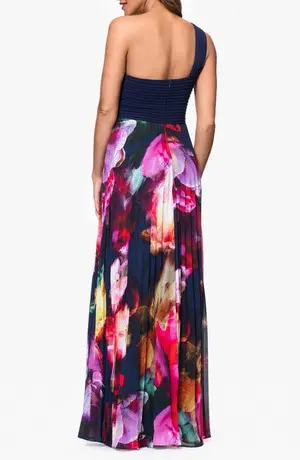 XSCAPE EVENINGS One-shoulder Mixed Media Gown