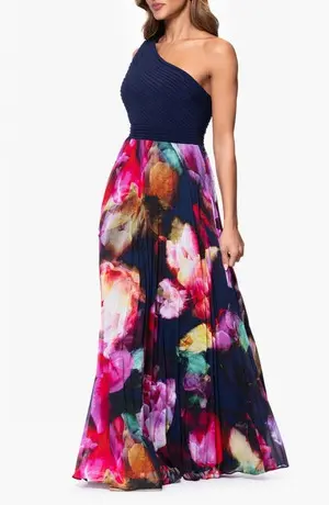 XSCAPE EVENINGS One-shoulder Mixed Media Gown