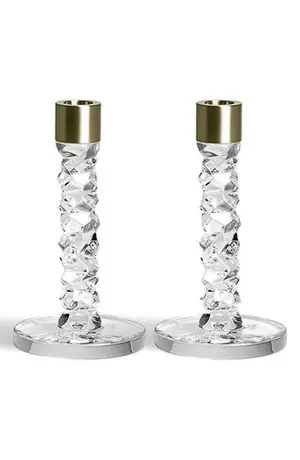 ORREFORS Carat Set Of 2 Small Crystal & Candlesticks - Brass
