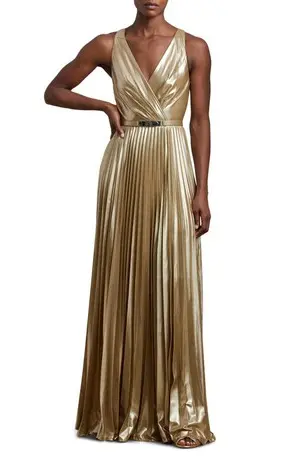 Ralph Lauren Pleated Metallic Chiffon Gown