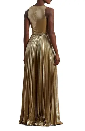 Ralph Lauren Pleated Metallic Chiffon Gown