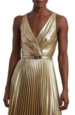 Ralph Lauren Pleated Metallic Chiffon Gown
