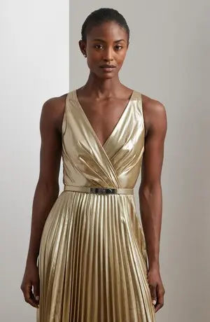 Ralph Lauren Pleated Metallic Chiffon Gown