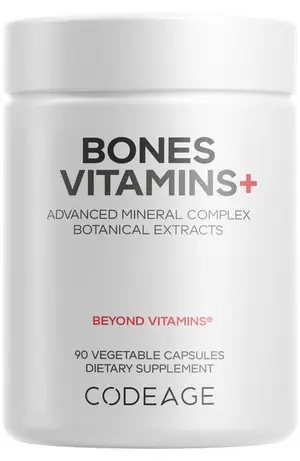 CODEAGE Bones Vitamins+vitamin D3 & K2, Vitamin C, Calcium, Magnesium, Zinc, Hesperidin, L-lysine, Manganese, Horsetail, Cissus - White