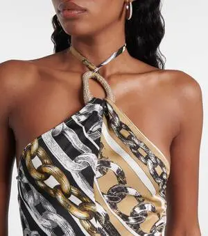 AREA Printed Embellished Halter-neck Crop Top