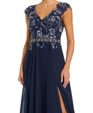 Mac Duggal Embellished Cap Sleeve Gown With Flowy Skirt And Slit - Midnight
