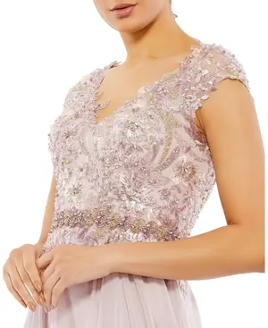 Mac Duggal Embellished Cap Sleeve Gown With Flowy Skirt And Slit - Rose