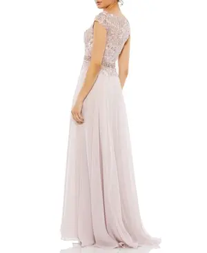 Mac Duggal Embellished Cap Sleeve Gown With Flowy Skirt And Slit - Rose