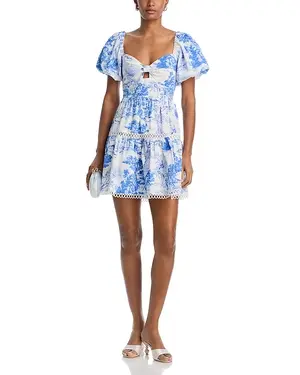 Aqua Toile Puff Sleeve Dress - Blue/white