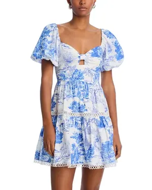 Aqua Toile Puff Sleeve Dress