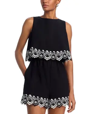 Aqua Eyelet Embroidered Romper - Black/white