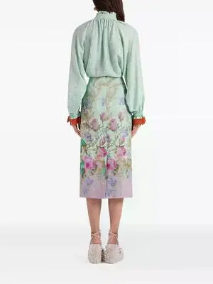 La DoubleJ Floral Stamp Pencil Skirt - Green