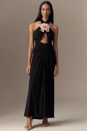 Mac Duggal Halter 3d Rosette Jersey Maxi Dress - Black