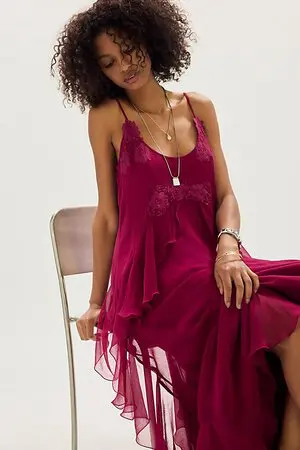 NIGEL PRESTON Chiffon Maxi Dress With Ruffled Detailing - Damson