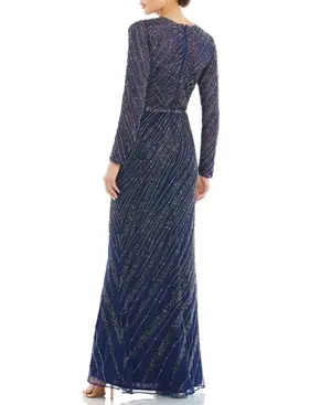 Mac Duggal Long Sleeve Beaded Column Gown - Midnight