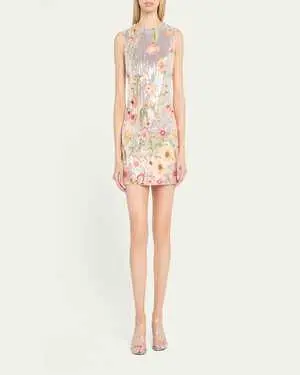 MILLY Ivette Floral-embroidered Sequin Mini Dress - Silver Mul