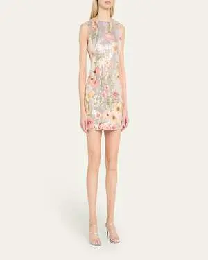 MILLY Ivette Floral-embroidered Sequin Mini Dress - Silver Mul