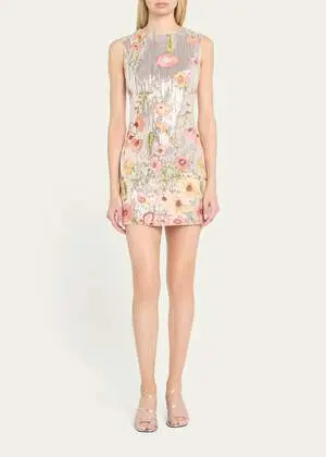 MILLY Ivette Floral-embroidered Sequin Mini Dress - Silver Mul