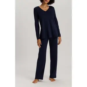 Hanro Cotton & Silk Long Sleeve Pajamas - Deep Navy