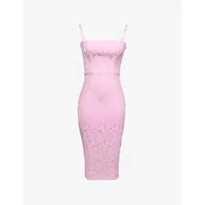 House of CB Ophelle Lace-Up Bodycon Midi Dress - Pink Jacquard
