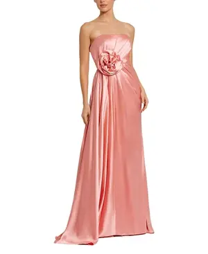 Mac Duggal Strapless Satin Gown With 3d Flower