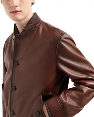 Emporio Armani Regular Fit Button Front Leather Bomber Jacket