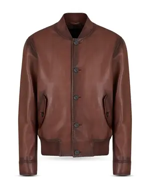 Emporio Armani Regular Fit Button Front Leather Bomber Jacket