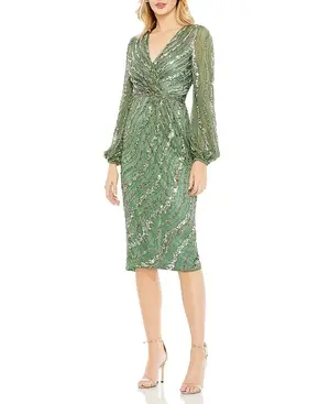 Mac Duggal Embellished Long Sleeve Midi Dress - Sage