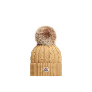 Moncler MONCLER COLLECTION Wool & Cashmere Beanie With Faux Fur Pom Pom Beige