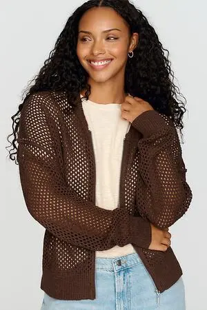 PILCRO Open-knit Bomber Cardigan Jacket - Chocolate