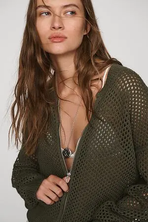 PILCRO Open-knit Bomber Cardigan Jacket - Olive