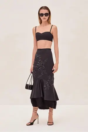 Alexis Kiernan Embroidered Flared Midi Skirt - Black